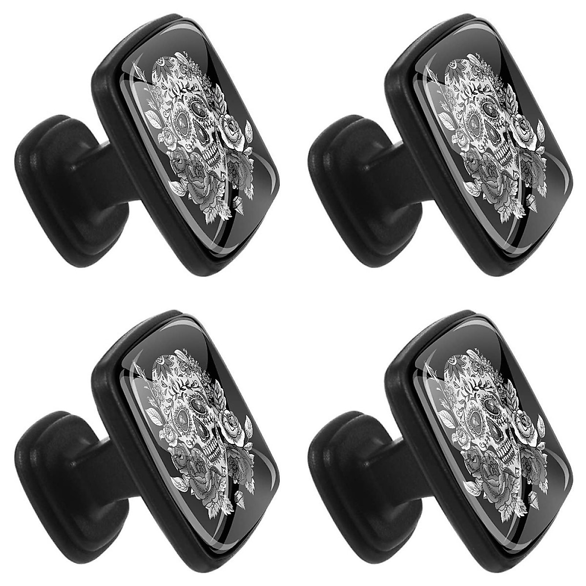 ZXCVASD Black and White Skull 4-Pack Knobs for Dresser Drawers Square Decorative Cabinet Handles Drawer Knobs and Pulls with Screws for Home, Kitchen, Wardrobe-1.18 inch x0.82 inch x0.78 inch