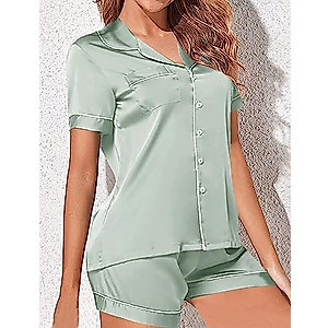 WJing Yi Jia Womens Pajama Sets Silk Satin Pajamas Set Short 2Pcs Pj Sets Button Down Pjs Set Sleepwear Loungewear