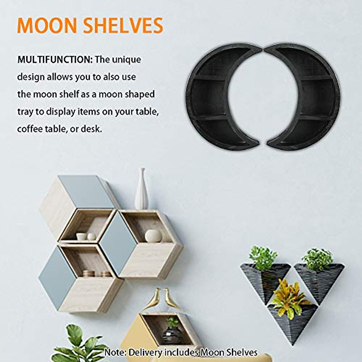 CALIDAKA 2Pcs Moon Shelves Crescent Moon Shelf Wall Mounted Wooden Crystal Moon Floating Shelves Hanging Storage Disaplay Shelf Moon Wall Decor for Living Room Bedroom Bathroom Kitchen