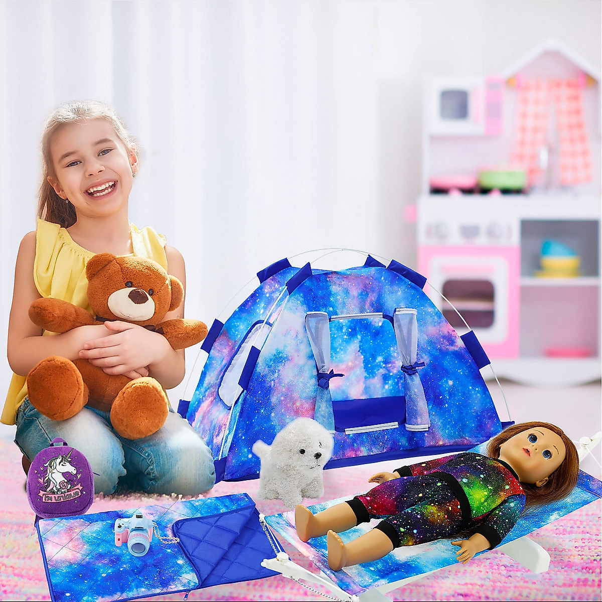 Srua Don 18 Inch Dolls Accessories Camping Tent and Hammock Set - Including Doll Camping Tent, Sleeping Bag, Hammock Bed, Toy Camera, Doll Backpack, Toy Dog, 6 Items Fits 18" Dolls