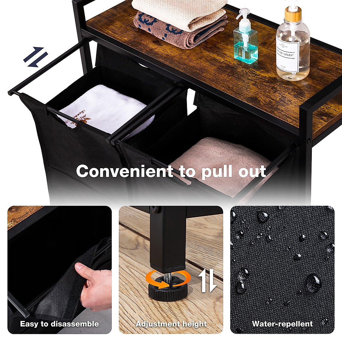 COSYSUPER Laundry Sorter 2 Section with Shelf, Two Section Laundry Hamper Organizer, Laundry Basket with Removable Bag for Clothes Storage, Brown and Black