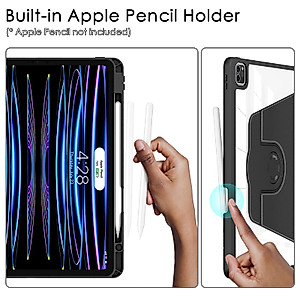 Soke Hybrid Rotating Case for iPad Pro 12.9 Inch (6th/5th/4th/3rd Generation, 2022/2021/2020/2018) - 360 Degree Rotating Stand + Pencil Holder + Auto Sleep/Wake, Shockproof Clear Back Cover,Black