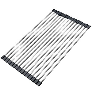 MGahyi Roll Up Dish Drying Rack, Over The Sink Drying Rack, Multipurpose 304 Stainless Steel Silicone Wrapped Steel Roll-Up , Folding Dish Rack for Kitchen Sink （Black, 17.3" x 10.2"）