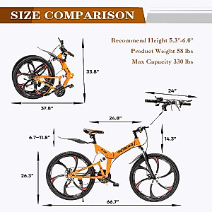 Max4out 26 Inch Folding Mountain Bike, 21 Speed Full Suspension Bicycle with High-Carbon Steel, Dual Disc Brake Non-Slip Quick Release tire Folding MTB for Adults/Men/Women, Black Type D