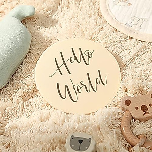 UNIQOOO 13Pcs 4'' Cream White Acrylic Monthly Baby Milestone Printed Cards, Photo Props, Round Baby Months Growth Sign for Boy, Girl Photography, One Month to One Year & Hello World Card, New Baby Gifts