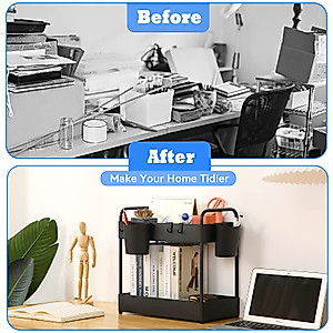 Kitchen Storage, Under Sink Organizer, NAYAHOSE 2 Tier Bathroom Storage Organizer Countertop with 4 Hanging Cups, 2 Handles, Under Cabinet Storage Tray Organize Holder for Cosmetics, Makeups, Spices