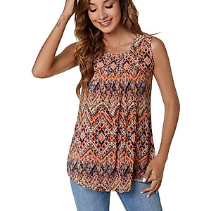 SUNNEGOO Women's Sleeveless Tank Tops Printed Pleated Loose fit Casual Blouse Shirt Flare Tunic Tank Tops for Women Summer Dark Orange