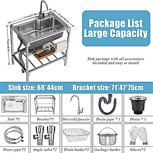 Utility Sink Stainless Steel Commercial Kitchen Sink 1 Compartment Free Standing Sink Unit with Cold and Hot Faucet for Outdoor Laundry Room Bar Restaurant Catering 27"
