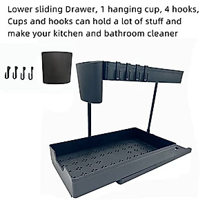Under Sink Organizer L-Shaped, Bathroom Organizer, 2 Tier Rack Pull Out Kitchen Sliding Storage, Multi-purpose Sink Organizer Storage, with 1 Cup 4 Hooks for Home Kitchen Drawer, Black