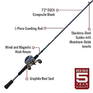 Quantum Smoke X Baitcast Reel and Fishing Rod Combo, 7-Foot 2-Inch 1-Piece EGC4 Composite Cranking Fishing Pole with Split-Grip EVA Rod Handle, Right-Hand Retrieve, Blue