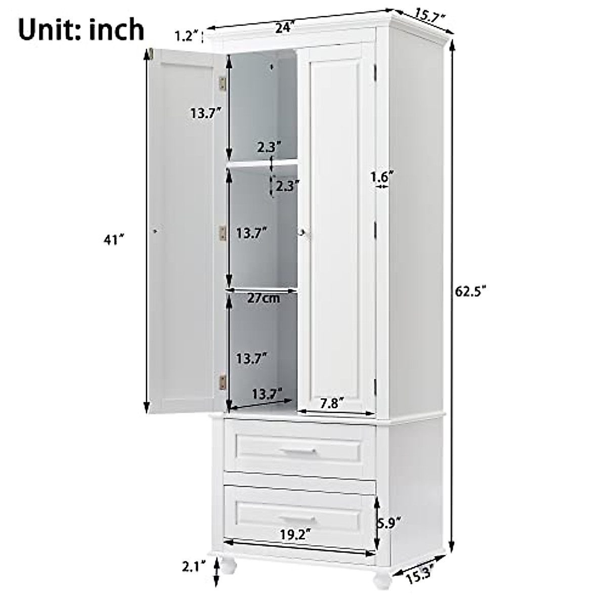 Tall Storage Cabinet with 2 Drawers and Double Door for Bathroom/Office, White Freestanding Kitchen Pantry Cabinet, Bathroom Cupboard w/Adjustable Shelf, Floor Cabinet Bookcase with Door (White-ty1)