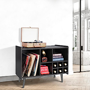 INFANZIA Vinyl Record Player Stand, Large Wooden Turntable Stand Holds Up to 200 Albums, Mid-Century Record Storage with Power Outlets, Record Organizer Cabinet for Living Room, Bedroom, Office