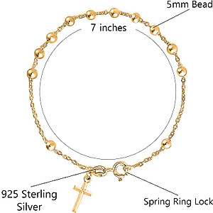 Savlano 925 Sterling Silver Italian Rosary Solid Bead Chain Cross Pendant - 18K Gold Plated 7 Inches Bracelet Comes With Gift Box for Women - Made in Italy (7, 5mm)