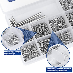 JROUTH 1000pcs Metric + SAE Set Screw Assortment Kit, Internal Hex Drive Cup-Point Allen Screws Set 304 Stainless Steel Grub Screw (M3-M8, 1/8""-40 to 5/16""-18)
