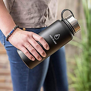 Insulated Water Bottle with Flip Top & Wide Mouth Lids, 2 BPA-Free Straws - 32-40oz, Stainless Steel, Double Wall, Vacuum Insulated for No Leaks - Keeps Liquid Hotter & Colder Longer - Blue 32oz