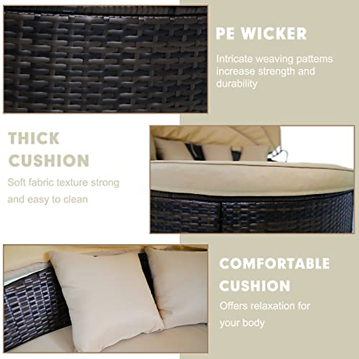 Incbruce Outdoor Daybed with Retractable Canopy, Wicker Outdoor Sectional Furniture Patio Round Daybed, All-Weather Camshell Lounger Seating Separates Cushioned Seats for Patio Backyard Pool (Brown)