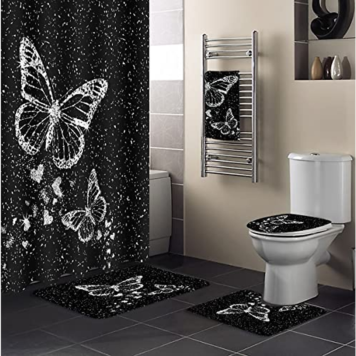 GURETER 7 Piece Butterfly Bathroom Sets with 71x72 Inches Black and Silver Shower Curtain and Rug and U-Shaped Bath Mat and Toilet Lid Cover and Towels and 12 Hooks, SET7MLGU3