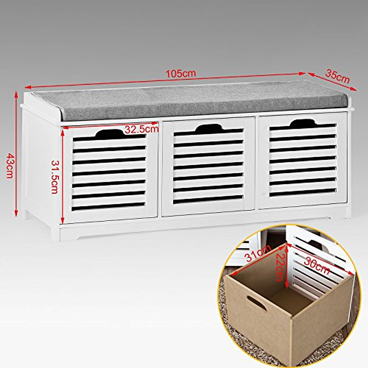 Haotian FSR23-W, White Storage Bench with 3 Drawers & Padded Seat Cushion, Hallway Bench, Shoe Cabinet, Shoe Bench