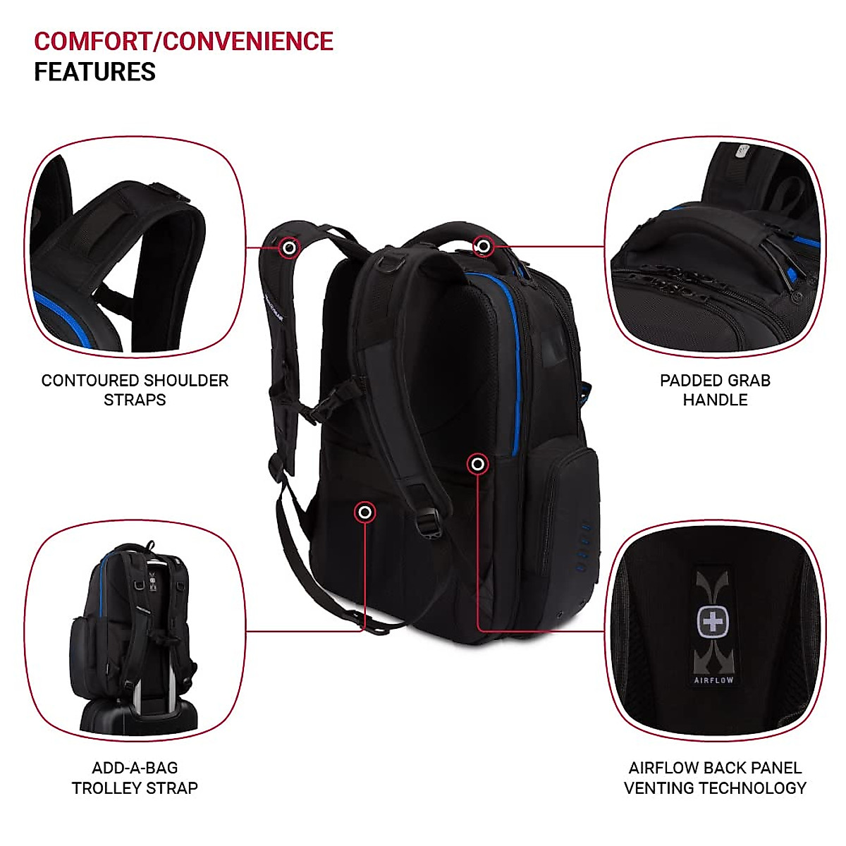 SwissGear Gaming Laptop Backpack with Charger Port (USB), Blue/Black