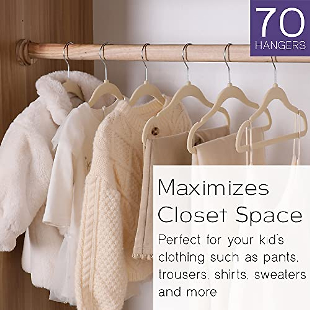 Sleek Pick Premium Children Hangers Velvet Ivory, 70 Pack,7.9 x 13.8” Non-Slip Felt Hangers, Heavy Duty Ultra Slim Kids PreTeen Hangers, Space-Saving Hangers 360 Hooks, Contoured Notched Shoulders