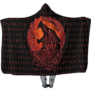 Viking 3D Printed Hooded Blanket Warm Soft Compass Fenrir Wolf Rune Celtic Knot Unisex Winter Wearable Hooded Blanket Double Thick Plush Fleece Blanket ( Color : Blanket , Size : 50x60in/130x150cm )