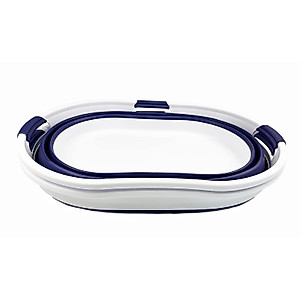 SAMMART Set of 2 Collapsible 3 Handled Plastic Laundry Basket-Oval Tub/Basket-Foldable Storage Container/Organizer-Portable Washing Tub-Space Saving Laundry Hamper (44L Oval-White/Navy Blue)
