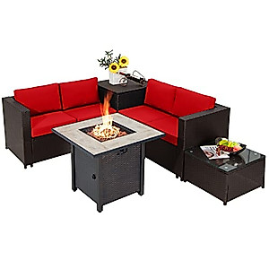 Tangkula 5-Piece Patio Furniture Set with 30 Inches Gas Fire Pit Table, Outdoor Wicker Conversation Sectional Sofa Set with Storage Box and Coffee Table, 50,000 BTU Propane Fire Pit Table (Red)