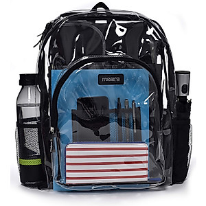 Masirs Heavy Duty Clear Backpack, Stadium Approved Transparent Design, Quick Access at Security Checkpoints, Adjustable Shoulder Straps, Dual Zippered Compartments & Mesh Side Pockets, (16"H x 11"W)