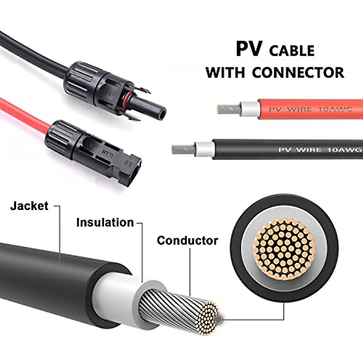 PowMr 16 Feet 10AWG(6mm²) Solar Extension Cable with Female and Male Connector Solar Panel Adaptor Kit Tool(Red & Black)