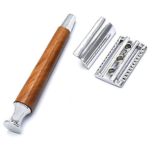 Double Edge Razor for Men, ODM Natural Wood Handle Safety Razor with All Metal Waterproof Head, Classic Long Handle Double Edge Safety Razor, Collector's Edition Gift for Family & Friends BTS-303