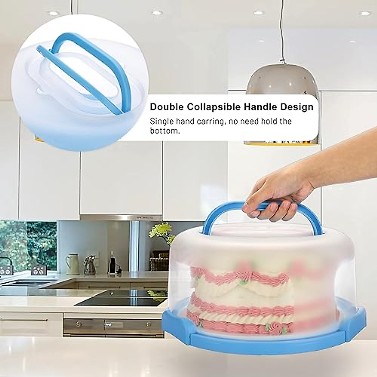 BSTKEY Portable Cake Carrier with Lid and Handle, Cake Turntable + Cupcake Storage Tray for Transport, 10" Round Cake Container Holder with Two Sided Base for Pies Nuts Fruit Cookies, Blue