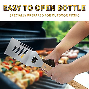 Qinshaine 4-in-1 BBQ Spatula, Multifunction Grill Spatula with Wooden Handle, perfect for BBQ grills and kebabs for camping picnics.