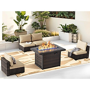 Outdoor Sectional Furniture, 5 Piece Patio Furniture Set with 42-inch Fire Wicker Propane Fire Pit Table - All Weather Wicker Rattan Sofa Conversation Set for Backyard Lawn Poolside Deck, Beige