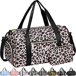 Gym Bag for Women with Shoe Compartment Waterproof, Sports Duffle Bag for Travel Duffel Weekender Carry on Beach Yoga Overnight Luggage Mommy Maternity Hospital Bag Leopard Print 17.5 Inch