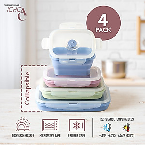 ICHC Set of 4 Collapsible Storage Containers - Space Saving Food Silicone Container, Flat Stacks, Travel Food Containers, Airtight Lunch Box With Lids, Stackable & Reusable