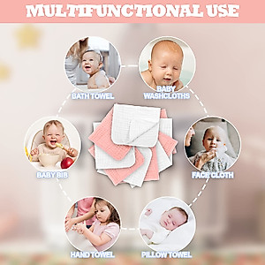 FOOK FISH Muslin Burp Cloths for Baby 10 Pack Cotton Burping Rags Hand Washcloths for Baby Ultra Soft and Absorbent Infant Spit Up Rags for Girls Large 20'' X 10'' White & Peachy Pink
