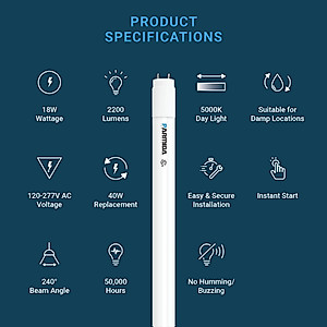 PARMIDA 20-Pack 4FT LED T8 Hybrid Type A+B Light Tube, 18W, Plug & Play or Ballast Bypass, Single-Ended OR Double-Ended Connection, 2200lm, Frosted Cover, T8 T10 T12, UL - 5000K