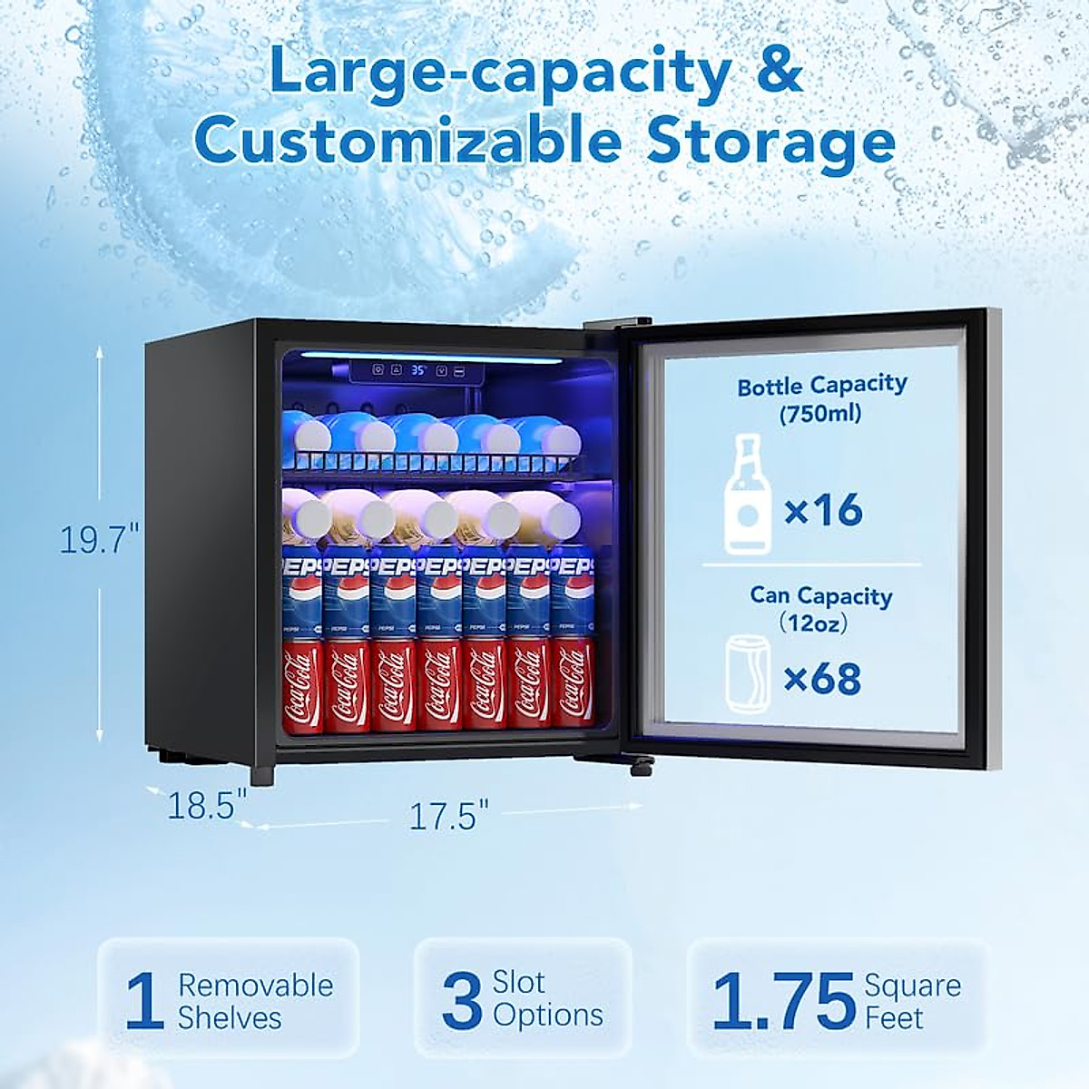 Tehanld Compact Beverage Refrigerator, 68 Can/1.75 Cubic Feet Mini Fridge with Glass Door for Soda, Beer, or Wine, Freestanding Drink Cooler with Adjustable Shelves and Digital Display, Sliver