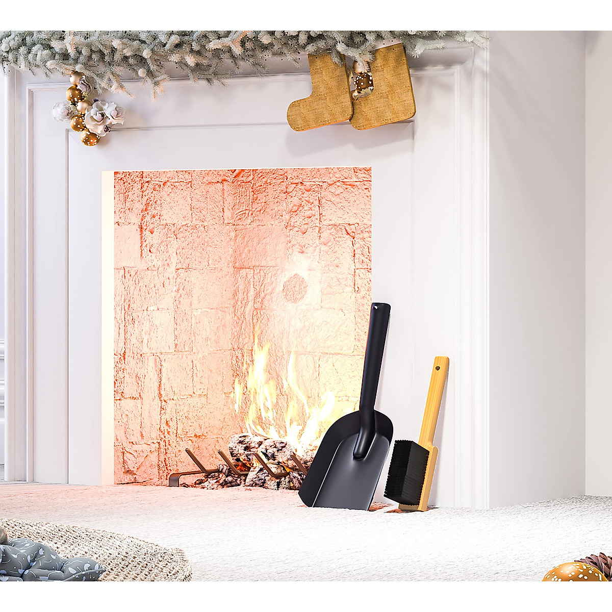 Kingson Fireplace Shovel Black Ash Shovel and Brush, Dustpan Set Small, Durable Steel, Set with Fireplace Dustpan and Brush, Coal Shovel