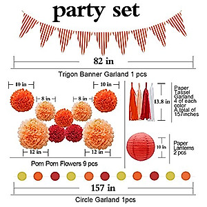 33pcs Party Decorations Supplies Set, Paper Lanterns Tissue Pom Poms Flowers Tassels Hanging Garland Banner Triangle Flag Bunting for Birthday, Baby Shower, Wedding Graduation Events (Orange, Red)