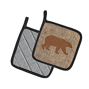 Caroline's Treasures BB1005-BL-BN-PTHD Bear Burlap and Brown Pair of Pot Holders Kitchen Heat Resistant Pot Holders Sets Oven Hot Pads for Cooking Baking BBQ, 7 1/2 x 7 1/2
