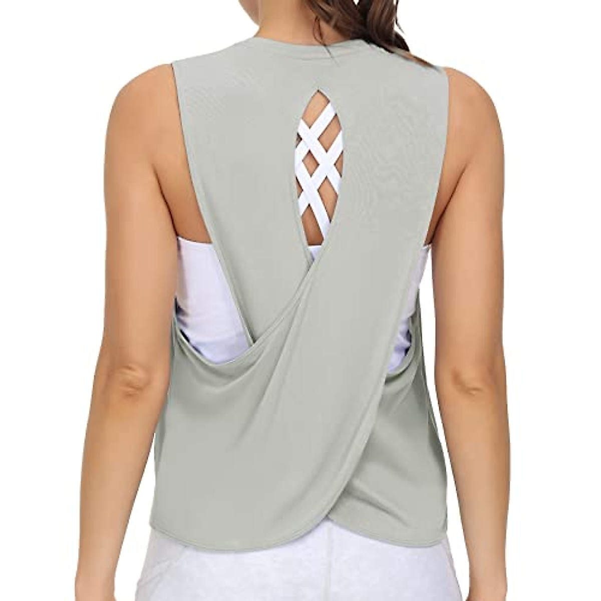 THE GYM PEOPLE Women's Open Cross Back Workout Tank Tops Loose Fit Sleeveless Yoga Running Shirts Light Grey
