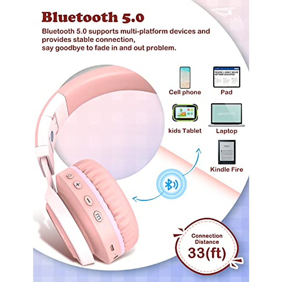 Kids Bluetooth Headphones- Kids Headphones Wireless of 22H Playtime with Mic, Steoro Sound, Bluetooth 5.0, Foldable, Rechargable On-Ear Kids Headsets for Children Study Tablet Airplane Travel, 2pack