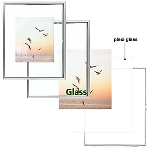 Frametory, Floating Picture Frame 11x14 - Silver Aluminum Metal Photo Frame - Real Glass of Front - for Wall Mount Displays