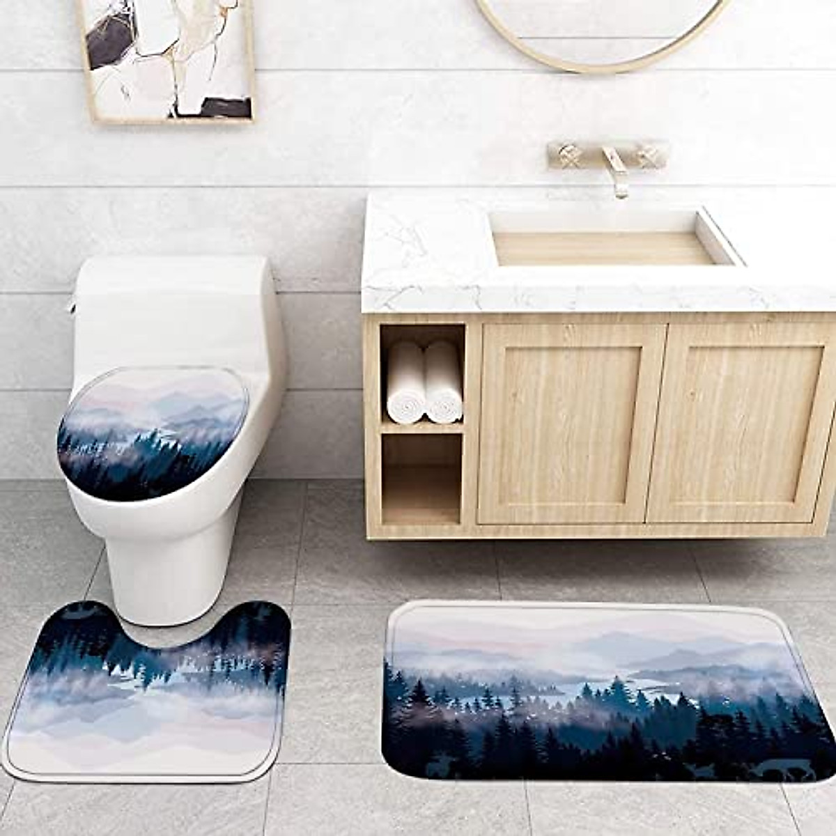 DDQQ 4Pcs Misty Mountain Shower Curtain Sets Dark Blue Tree Bathroom Set Decor with Non-Slip Rugs Bath U-Shaped Mat Toilet Lid Cover Woodland Nature Bathroom Curtains Shower Set with 12 Hooks