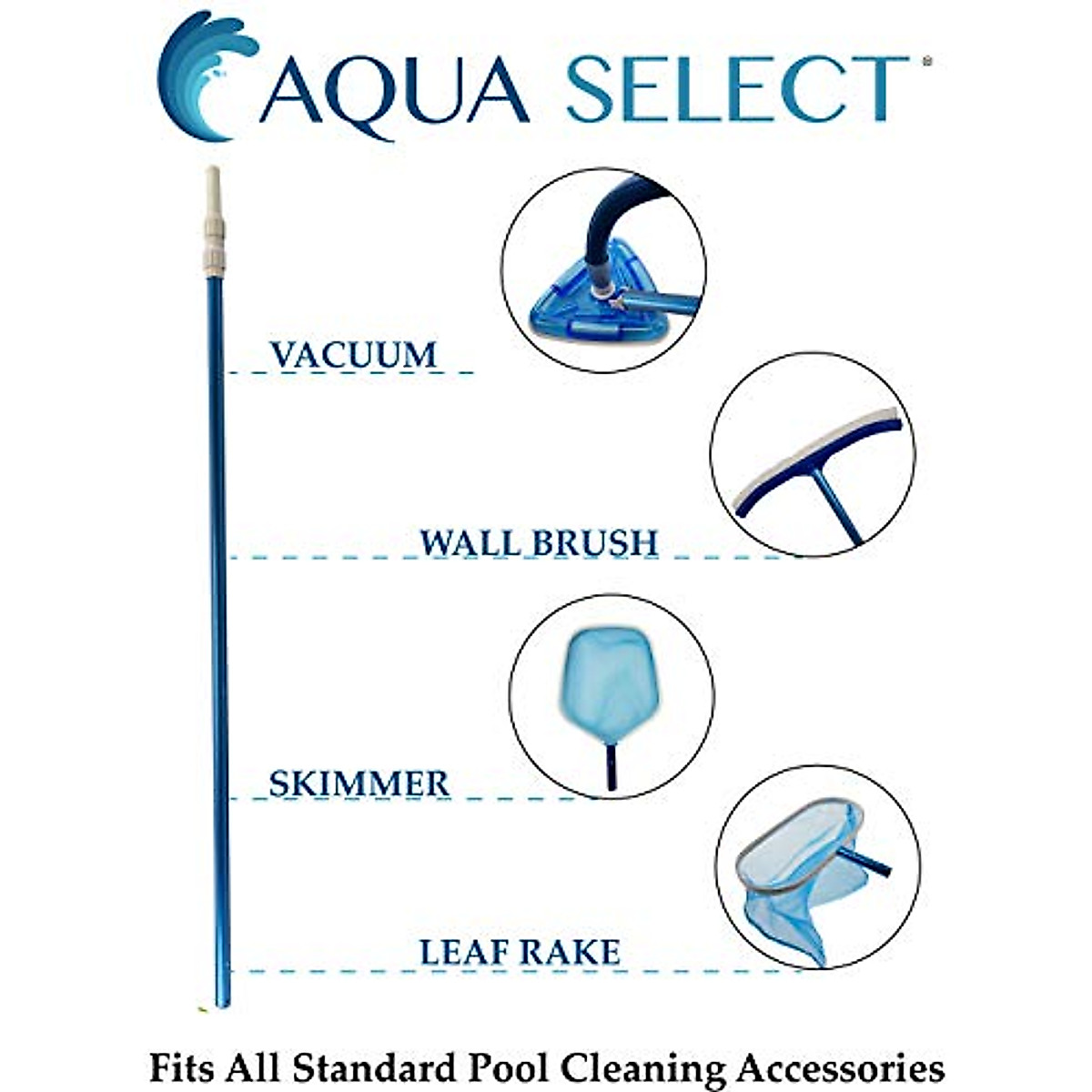Aqua Select 6-18 Foot Telescoping Pool Vacuum Pole | Heavy Duty Aluminum Pole for Leaf Skimmers, Pool Brushes and Vacuum Head's | Expandable Swimming Pool Pole