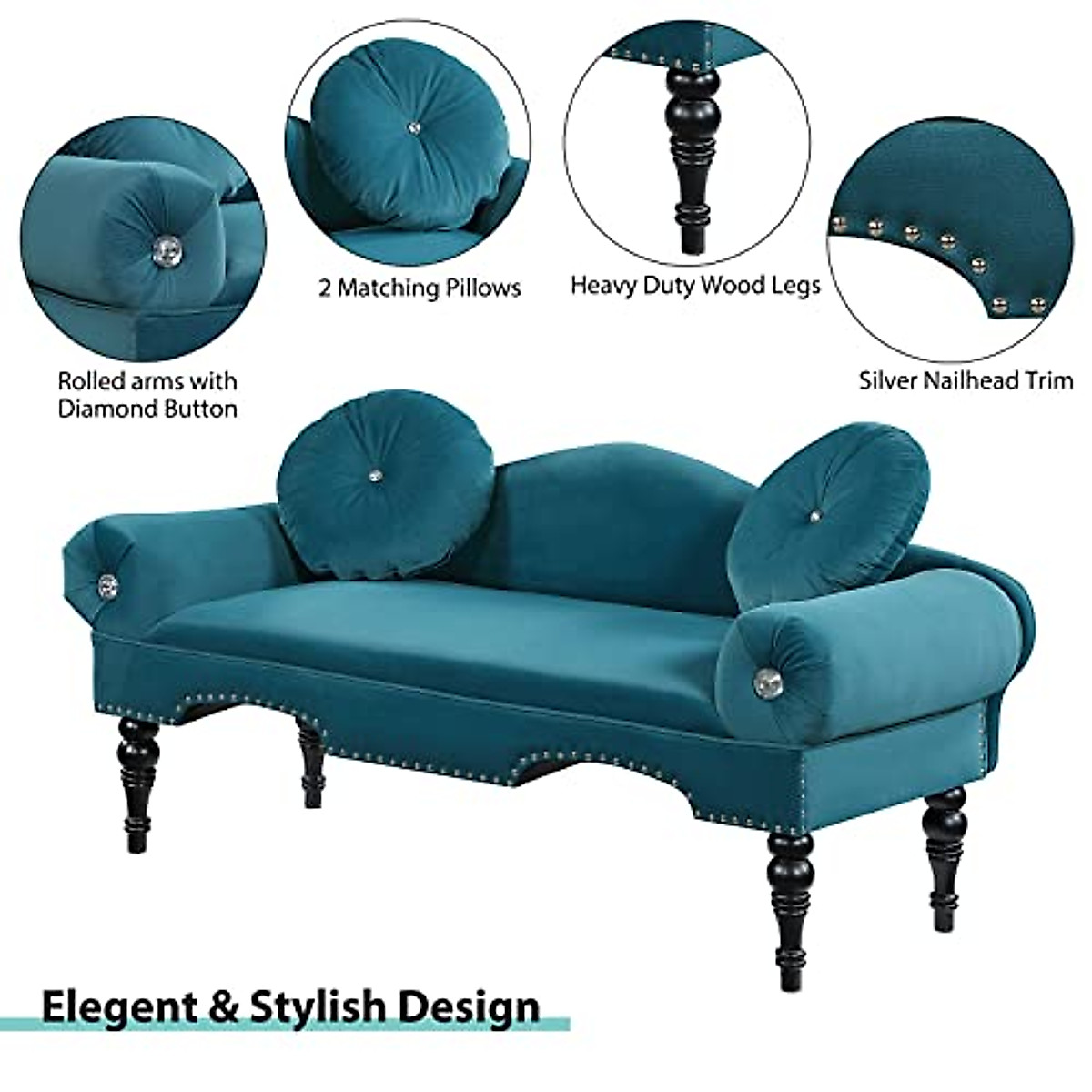 GNIXUU 54” Modern Small Loveseat Sofa, Mid Century Love Seat Couch Settee Velvet Tufted 2 Seater Couches Bedside Entryway Bench with 2 Pillows Nailhead Trim for Bedroom, Living Room(Teal)