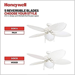 Honeywell Ceiling Fans Inland Breeze, 52 Inch Tropical Indoor Outdoor Ceiling Fan with Light, Pull Chain, Three Mount Options, Weather Resistant Blades - 50511-01 (White)