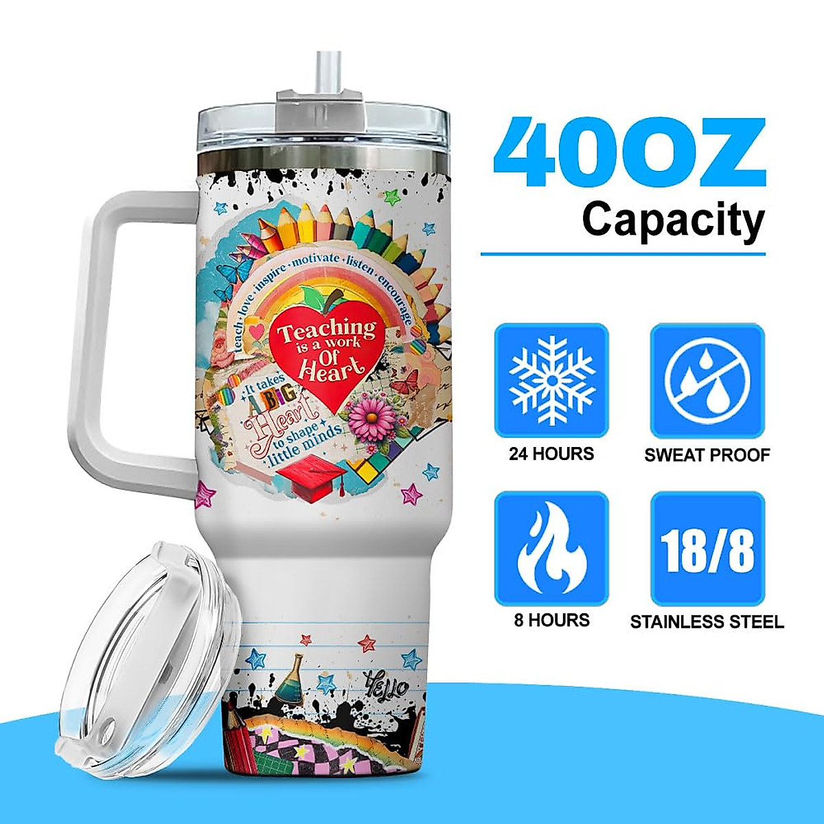 99OWL Teacher Learning Tools Colorful, Tumbler 40 Oz With Handle Lid And Straw, Teacher Gifts, Teachers Handle Book Lover Rainbow Books Tumblers Steel Appreciation Pencil Coffee Pack