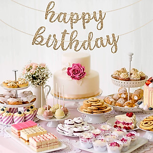 Pre-Strung Happy Birthday Banner - NO DIY - Gold Glitter Birthday Party Banner in Script - Pre-Strung Garland on 6 ft Strands - Gold Birthday Party Decorations & Decor. Did we mention no DIY?